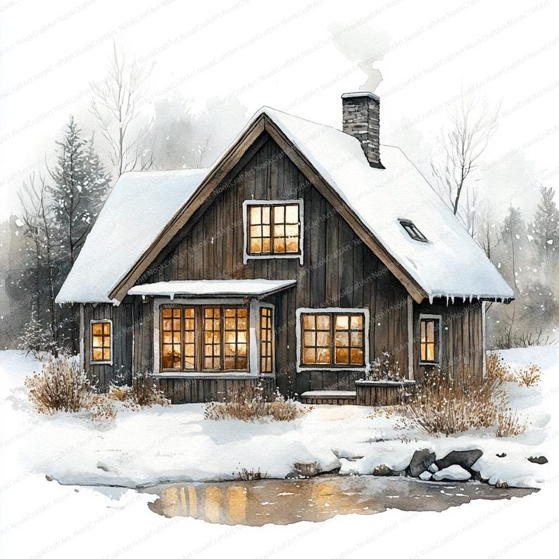 22 Scandinavian Winter House Clipart | Cozy Snowfall Scene Design ...