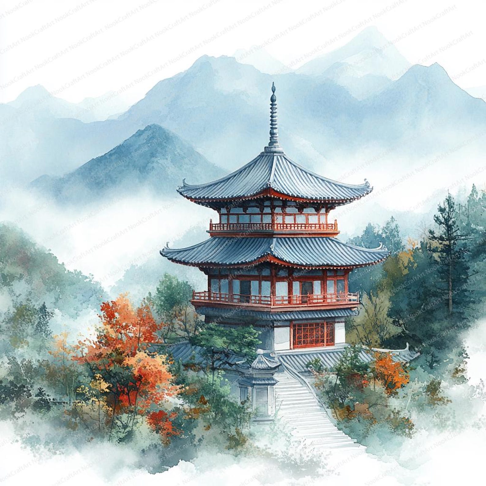 20 Mountain Pagoda Clipart | Chinese Landscape Illustration | Printable ...