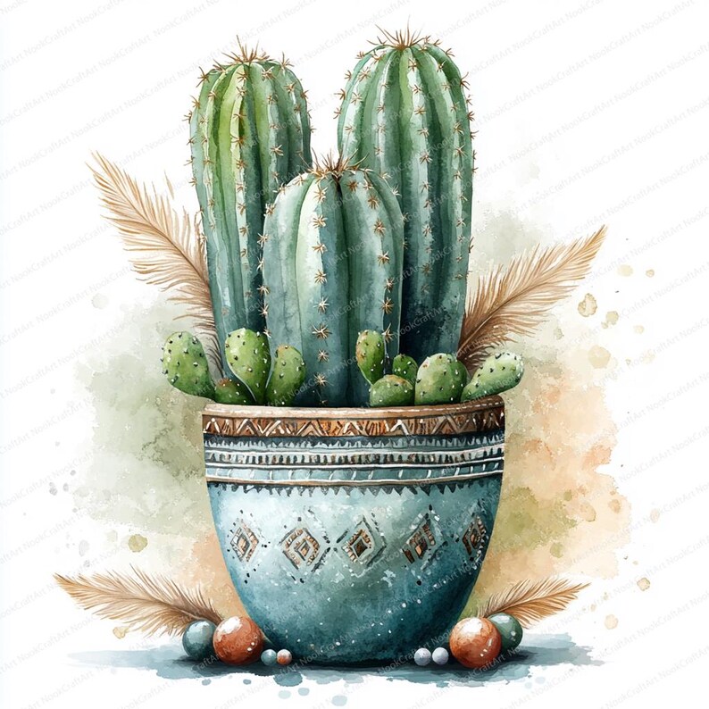 24 Cactus in Boho Painted Pot Clipart | Bohemian Style Plant ...