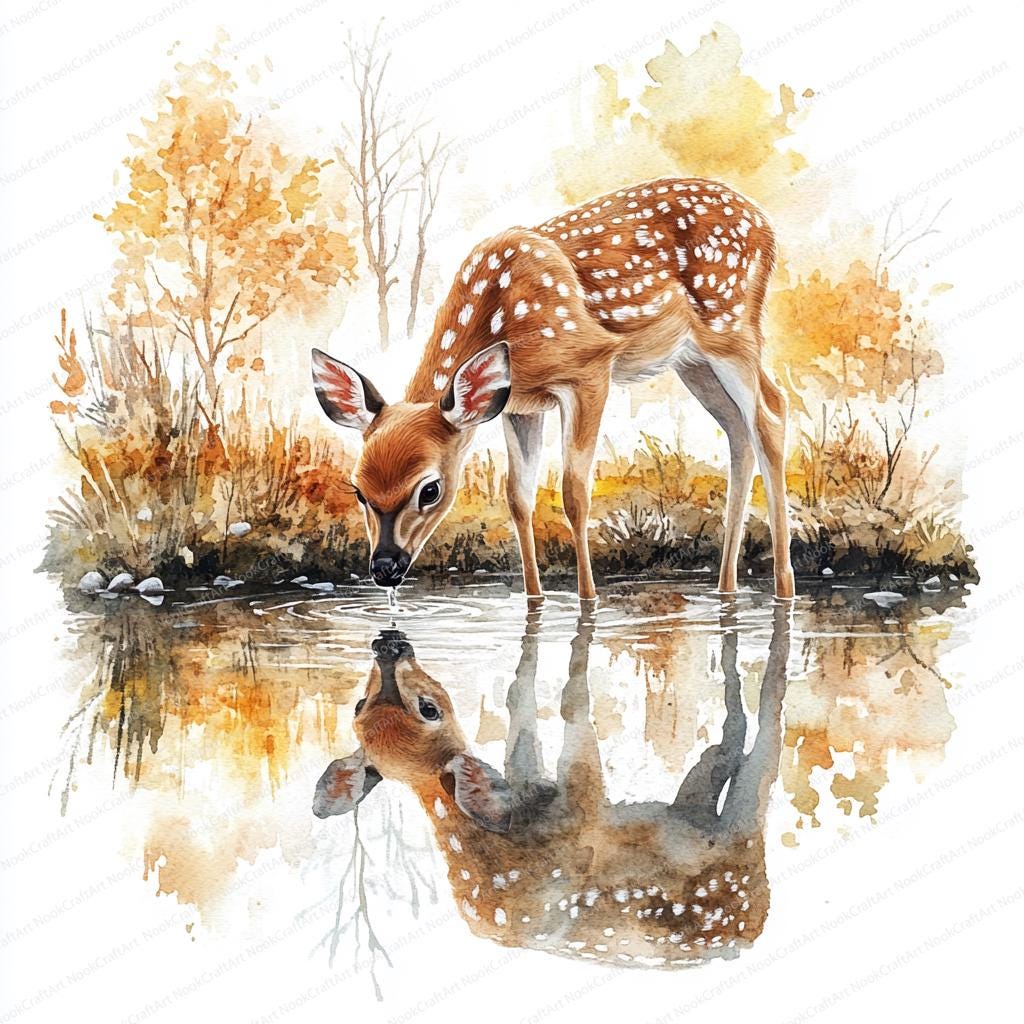 17 Deer Fawn Drinking Water Clipart | Woodland Stream Nature ...