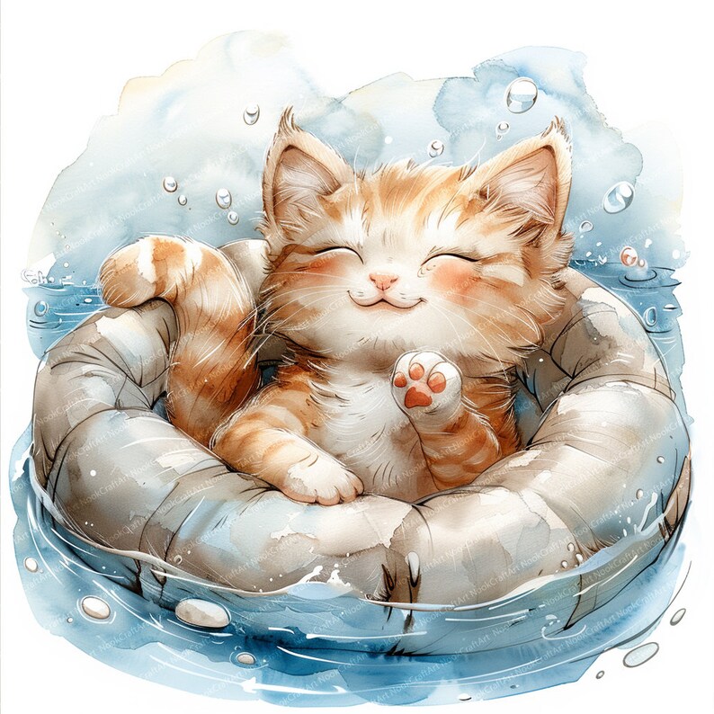 Kitten on Summer Vacation Clipart, Cute Kitten, Printable Watercolor ...