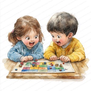 18 Children Board Game Clipart | Kids Playing at Table Illustration ...