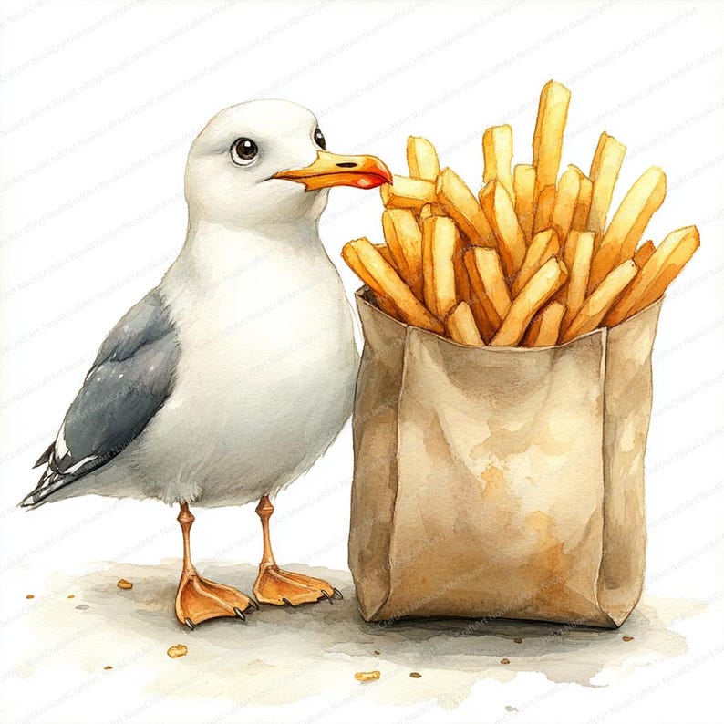 20 Seagull Stealing Fries Clipart | Fun Quirky Seaside Illustration ...
