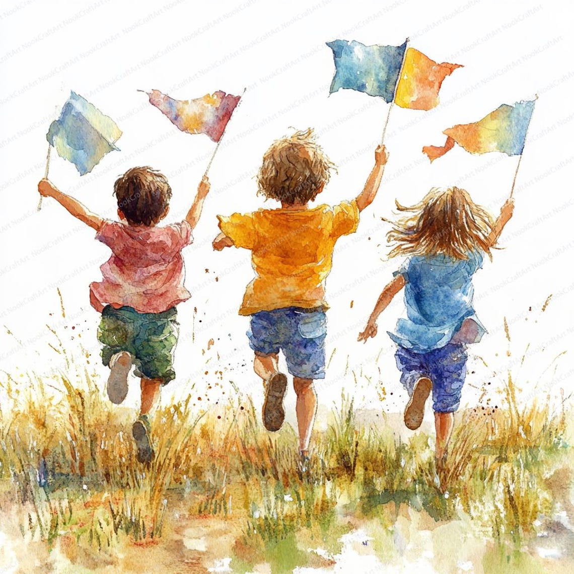 14 Children Running With Flags Clipart | Colorful Kids Illustrations ...