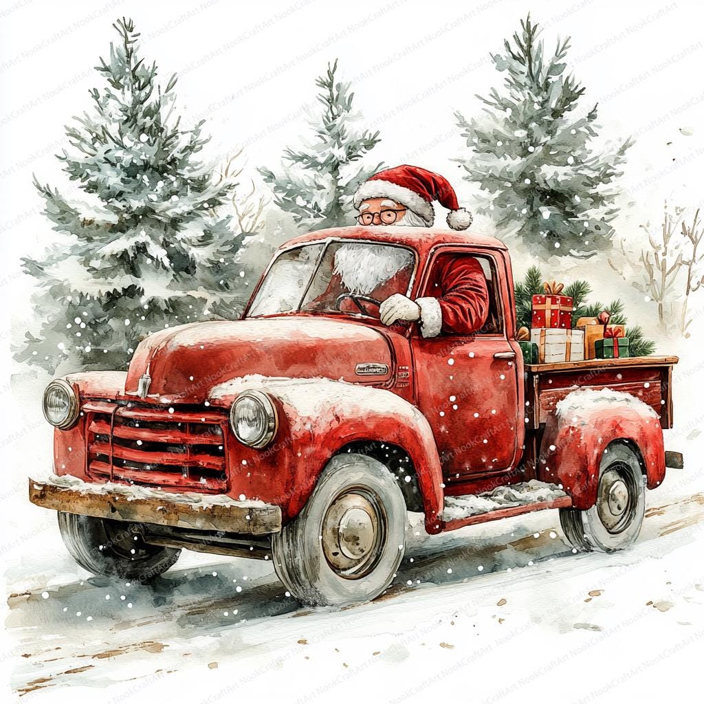 Santa Red Truck Clipart: Watercolor Holiday Designs (JPG Files) - Etsy