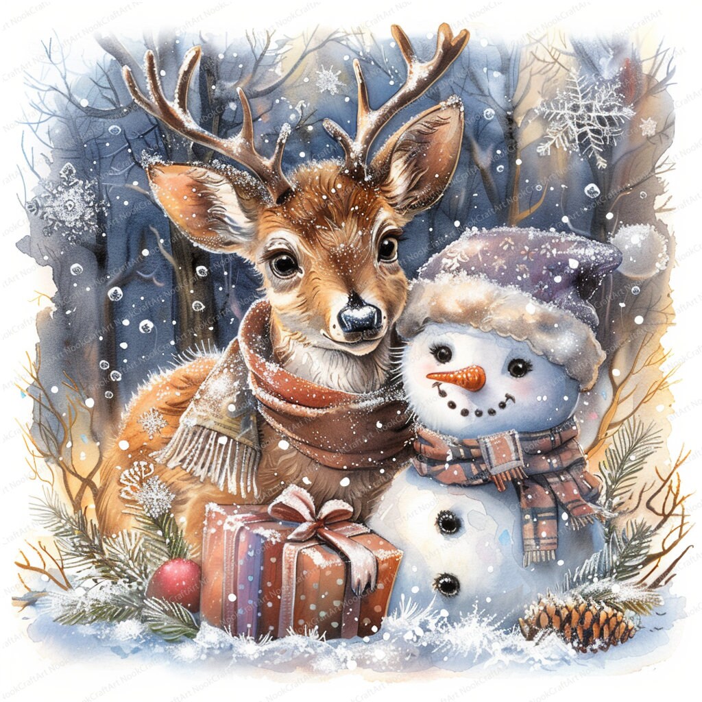 12 Cute Snowmen With Reindeer Clipart Christmas Clipart Printable ...