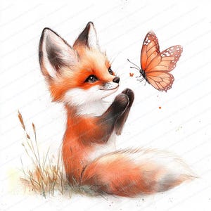 11 Fox and Butterfly Clipart | Adorable Baby Fox | Printable Watercolor ...