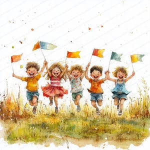 14 Children Running With Flags Clipart | Colorful Kids Illustrations ...