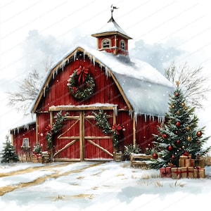 14 Christmas Farm Barn Clipart | Watercolor Christmas Farmhouse ...