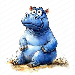 16 Watercolor Hippo Clipart | Cute Grumpy Hippopotamus | Printable ...