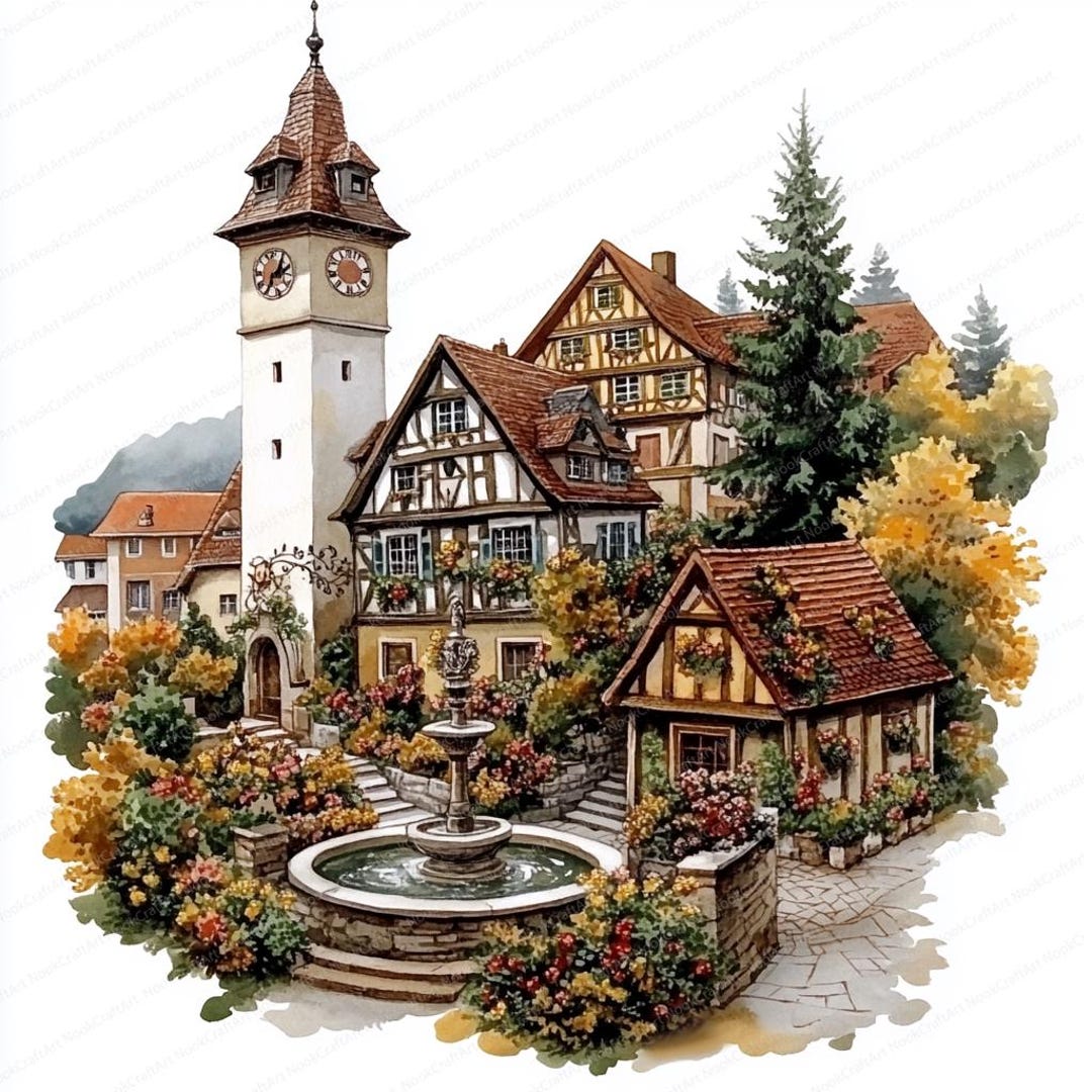 20 Watercolor English Village Houses Clipart Bundle | Printable ...