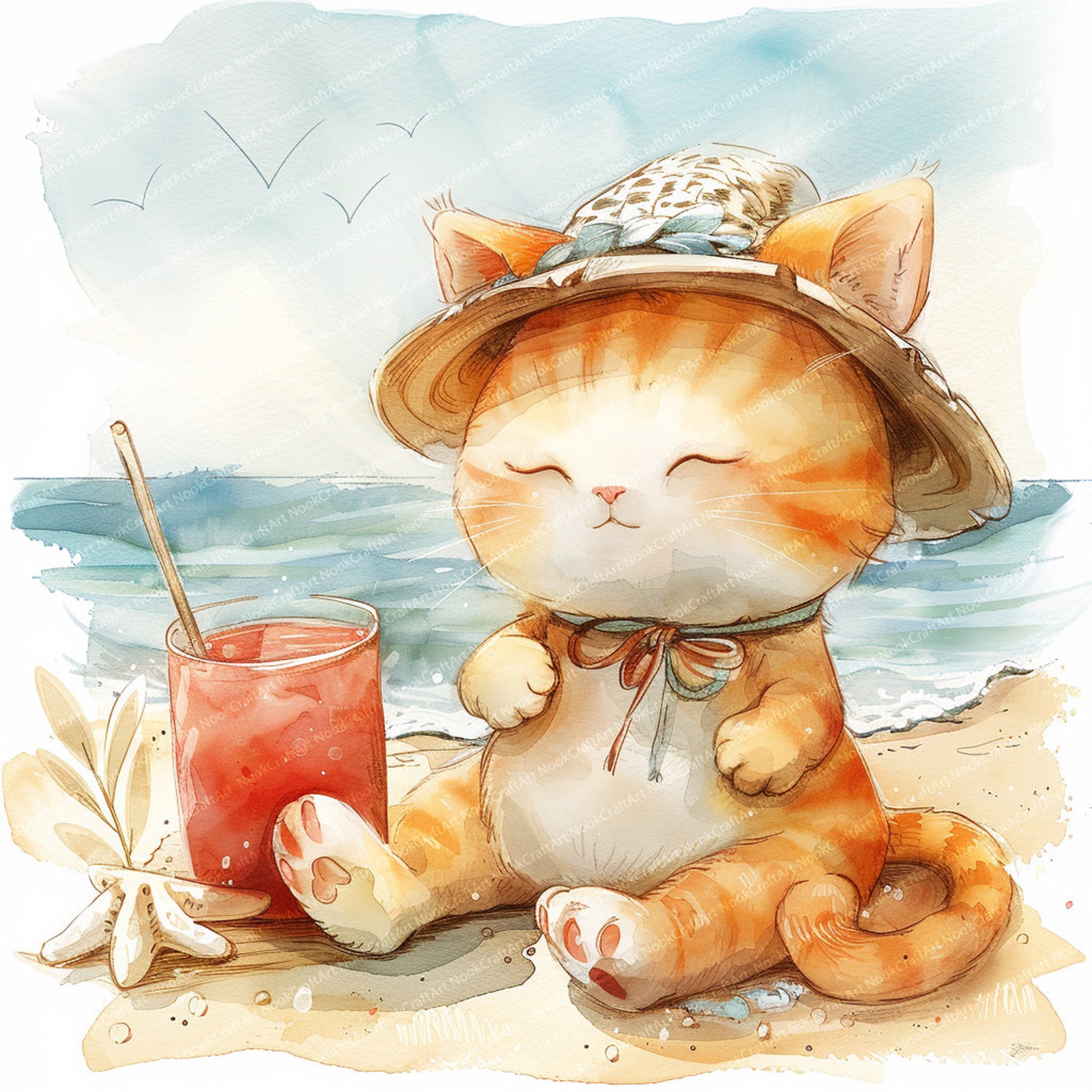 Kitten on Summer Vacation Clipart, Cute Kitten, Printable Watercolor ...