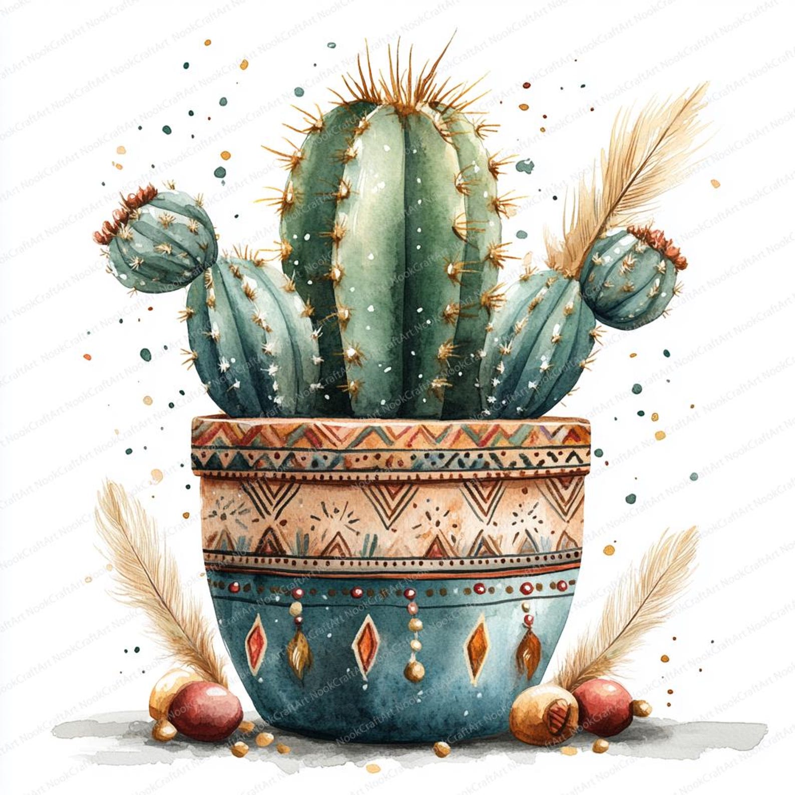 24 Cactus in Boho Painted Pot Clipart | Bohemian Style Plant ...