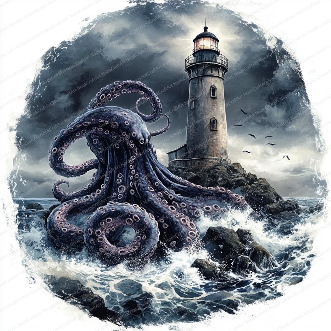 Kraken Lighthouse Watercolor Clipart: Nautical Fantasy Art (JPG) - Etsy