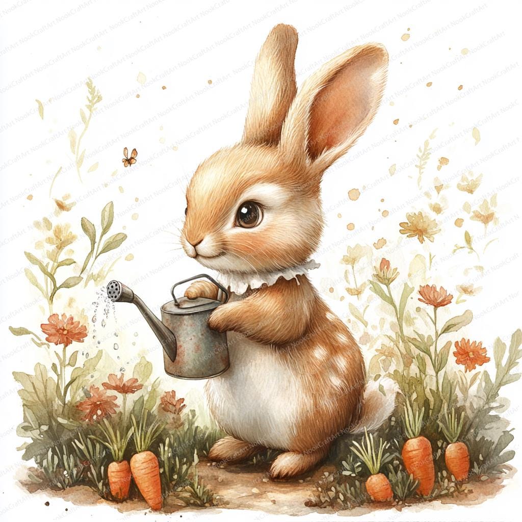 12 Bunny Watering Carrot Clipart | Garden Themed Digital Illustration ...