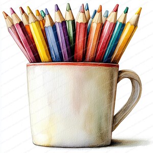 21 Colored Pencils in a Cup Clipart | Vibrant Art Supplies Illustration ...