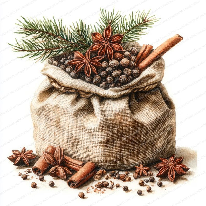24 Spice Bag With Pine Twig Clipart | Rustic Culinary Herbs ...