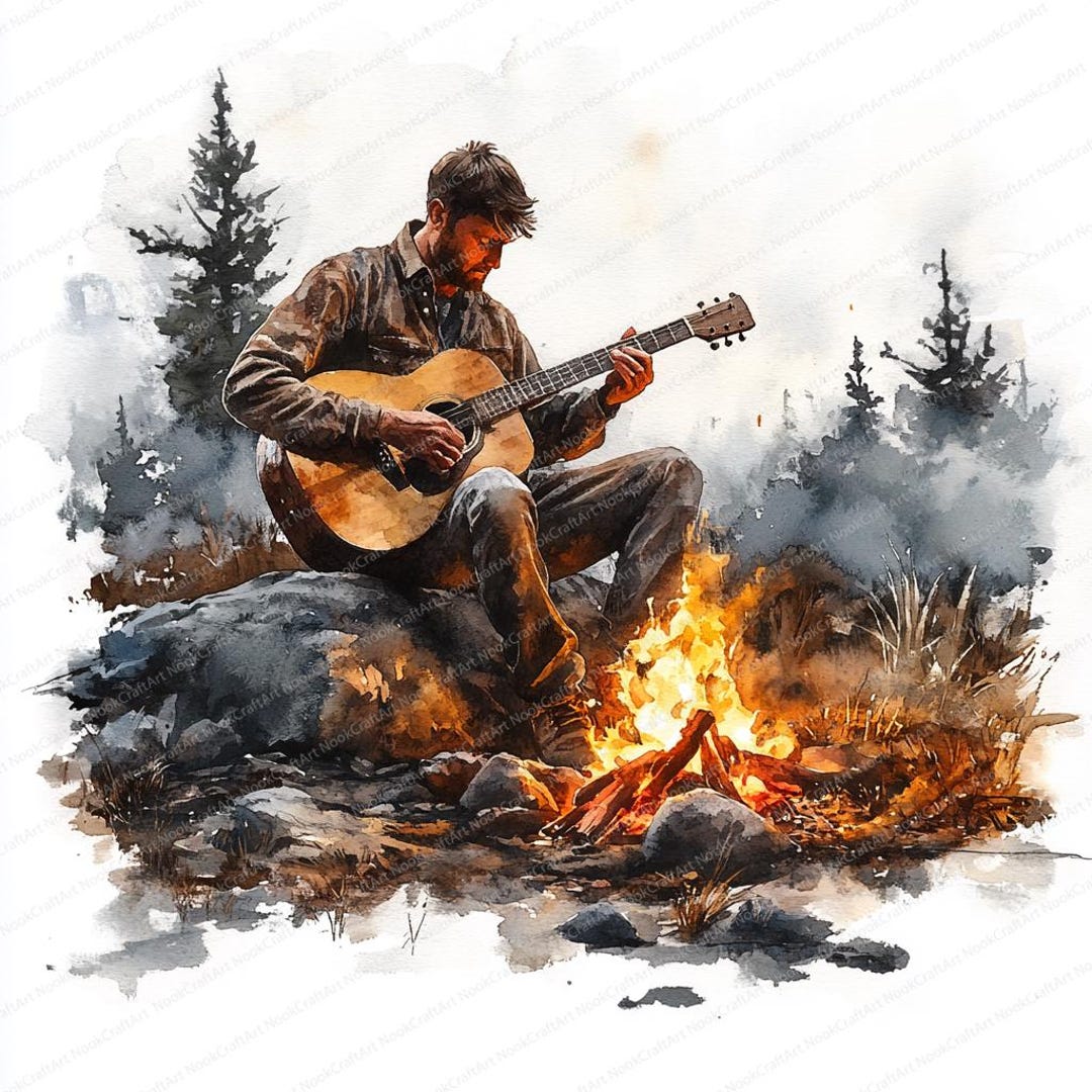 21 Campfire Guitarist Clipart | Man Playing Guitar by Fire | Printable ...