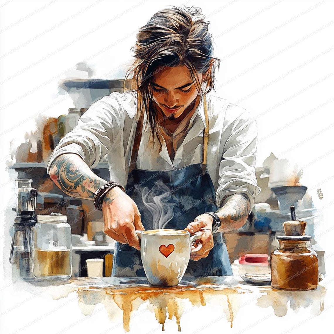 23 Tattooed Barista Latte Art Clipart | Unique Coffee Shop Illustration ...