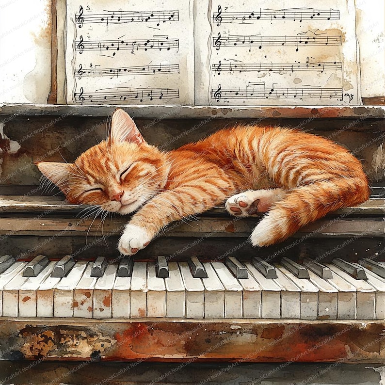 21 Sleeping Cat on Piano Clipart | Cozy Musical Feline Illustration ...