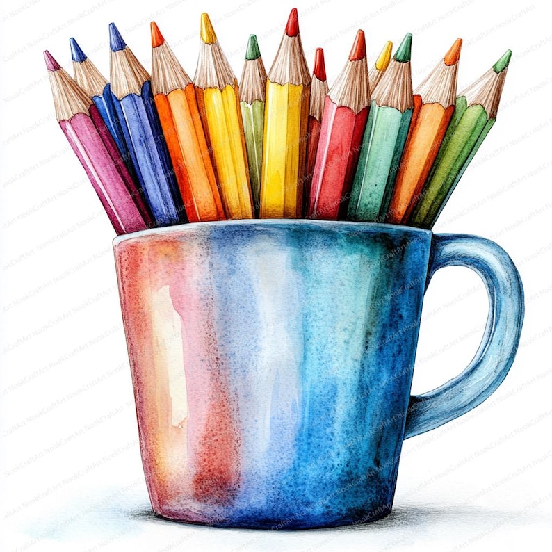21 Colored Pencils in a Cup Clipart | Vibrant Art Supplies Illustration ...
