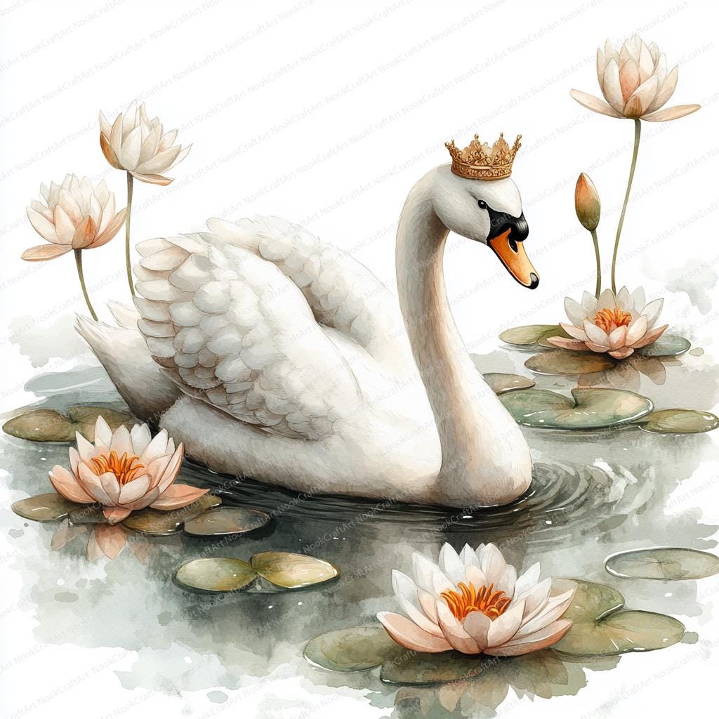 17 Swan Clipart With Golden Crown | Elegant Water Lily Pond ...