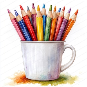 21 Colored Pencils in a Cup Clipart | Vibrant Art Supplies Illustration ...