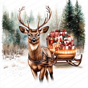 14 Reindeer With Sleigh of Gifts Clipart | Festive Holiday Designs ...