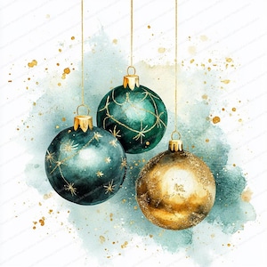 20 Christmas Card Clipart | Green and Gold Baubles Design | Printable ...