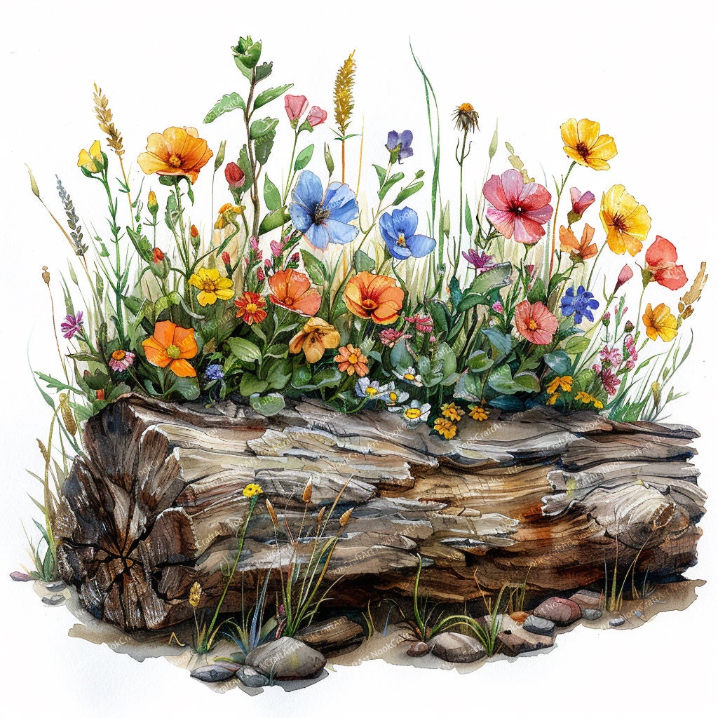 15 Flowers on a Log Clipart Flowers Printable Watercolor Clipart High ...