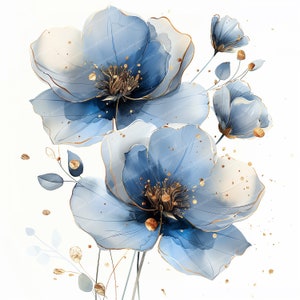 12 Abstract Flowers Clipart | Blue Gold Flower | Printable Watercolor ...
