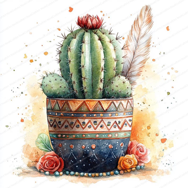 24 Cactus in Boho Painted Pot Clipart | Bohemian Style Plant ...