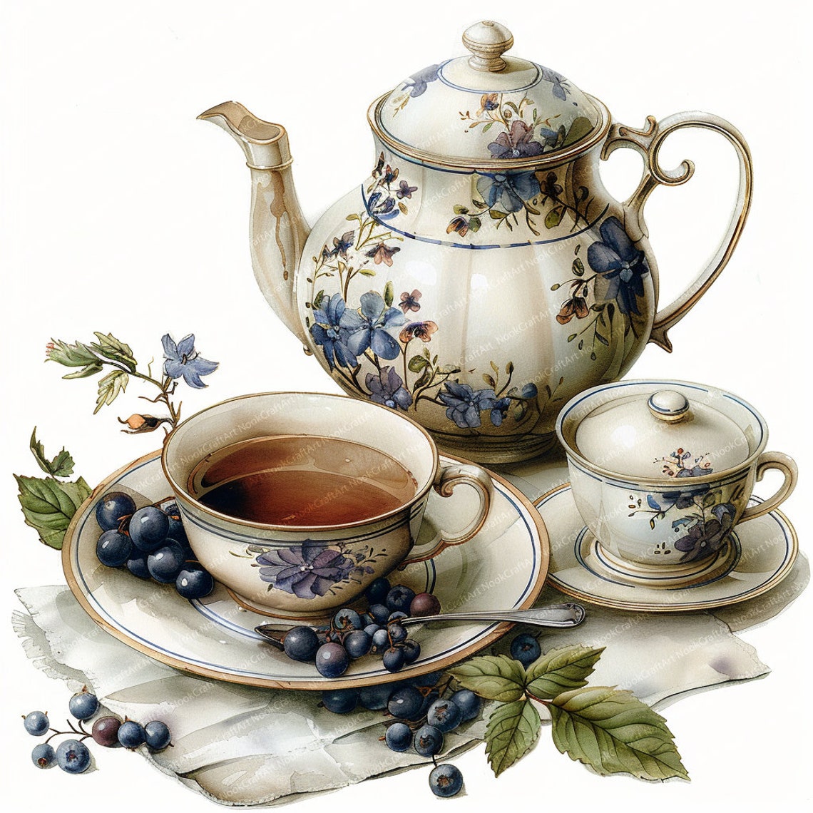 12 Tea Set Clipart Floral Tea Set Printable Watercolor Clipart High ...