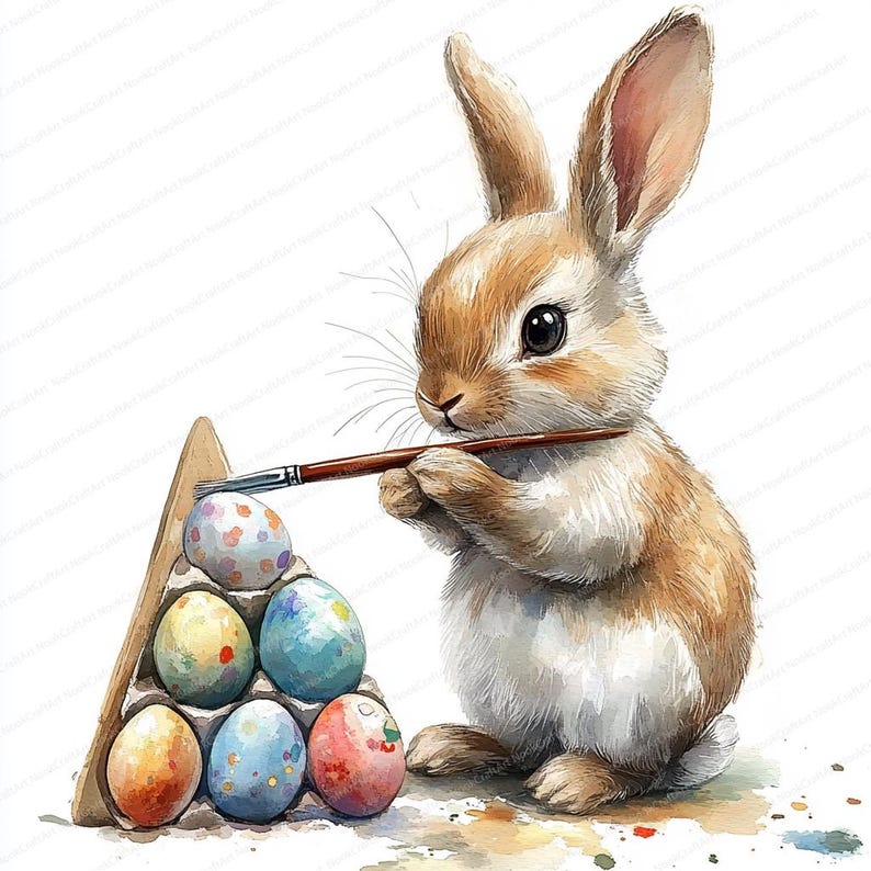 20 Easter Bunny Egg Painting Clipart | Rabbit Decorating Holiday Eggs ...