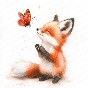 11 Fox and Butterfly Clipart | Adorable Baby Fox | Printable Watercolor ...