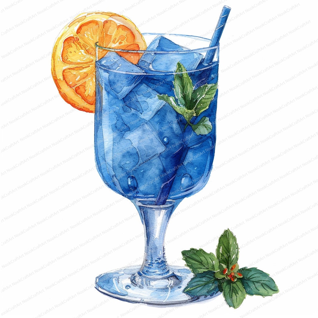 10 Blue Cocktail Clipart Adorable Cocktails Printable Watercolor ...