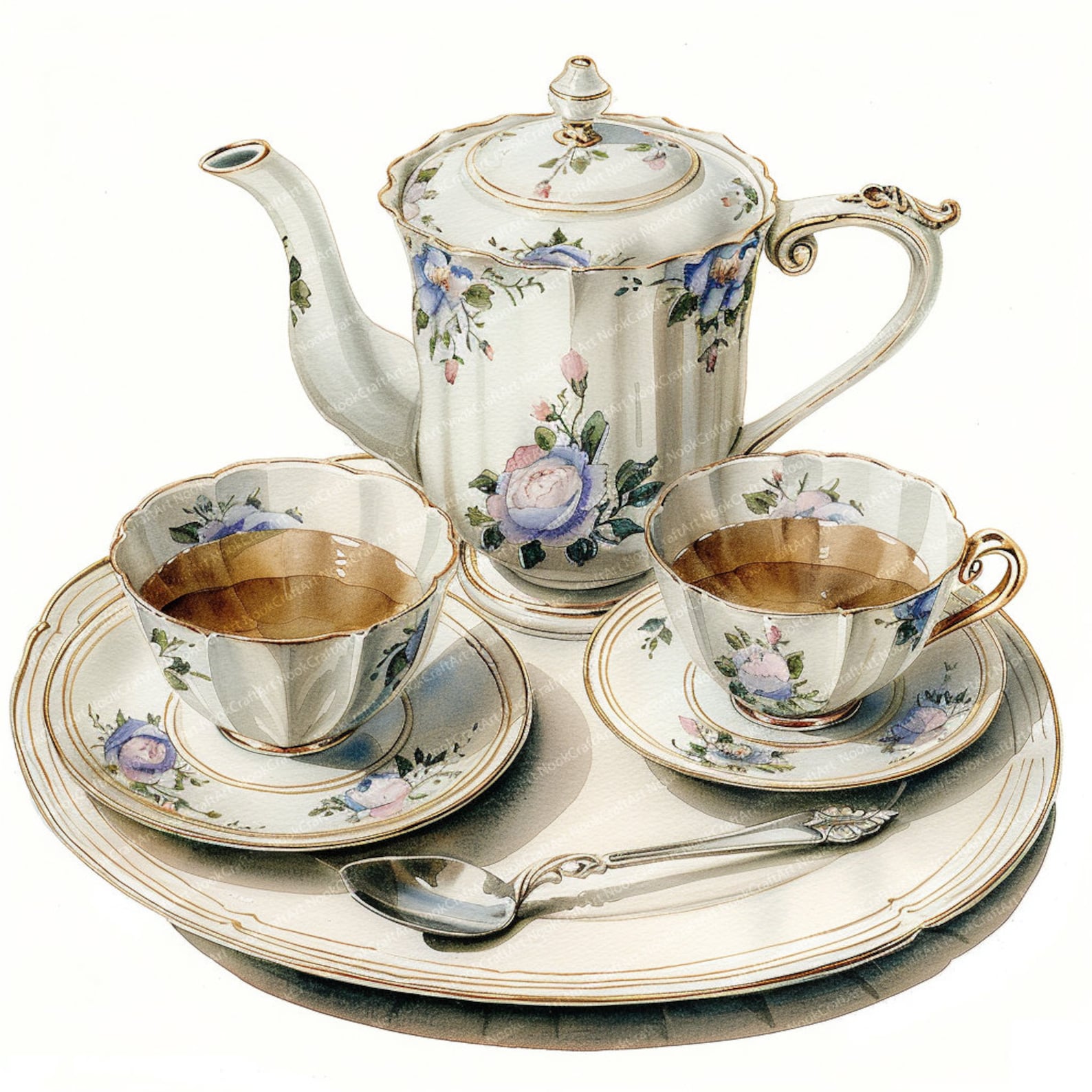 12 Tea Set Clipart Floral Tea Set Printable Watercolor Clipart High ...