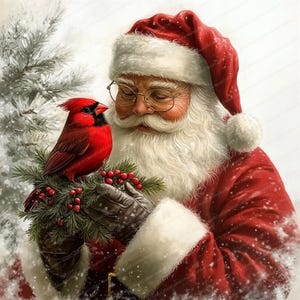 14 Vintage Santa With Cardinal Clipart | Printable Watercolor Clipart ...