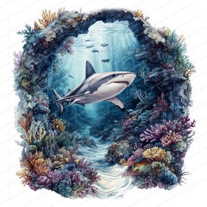 14 Shark in Underwater Cave Clipart Ocean Adventure Designs Printable ...