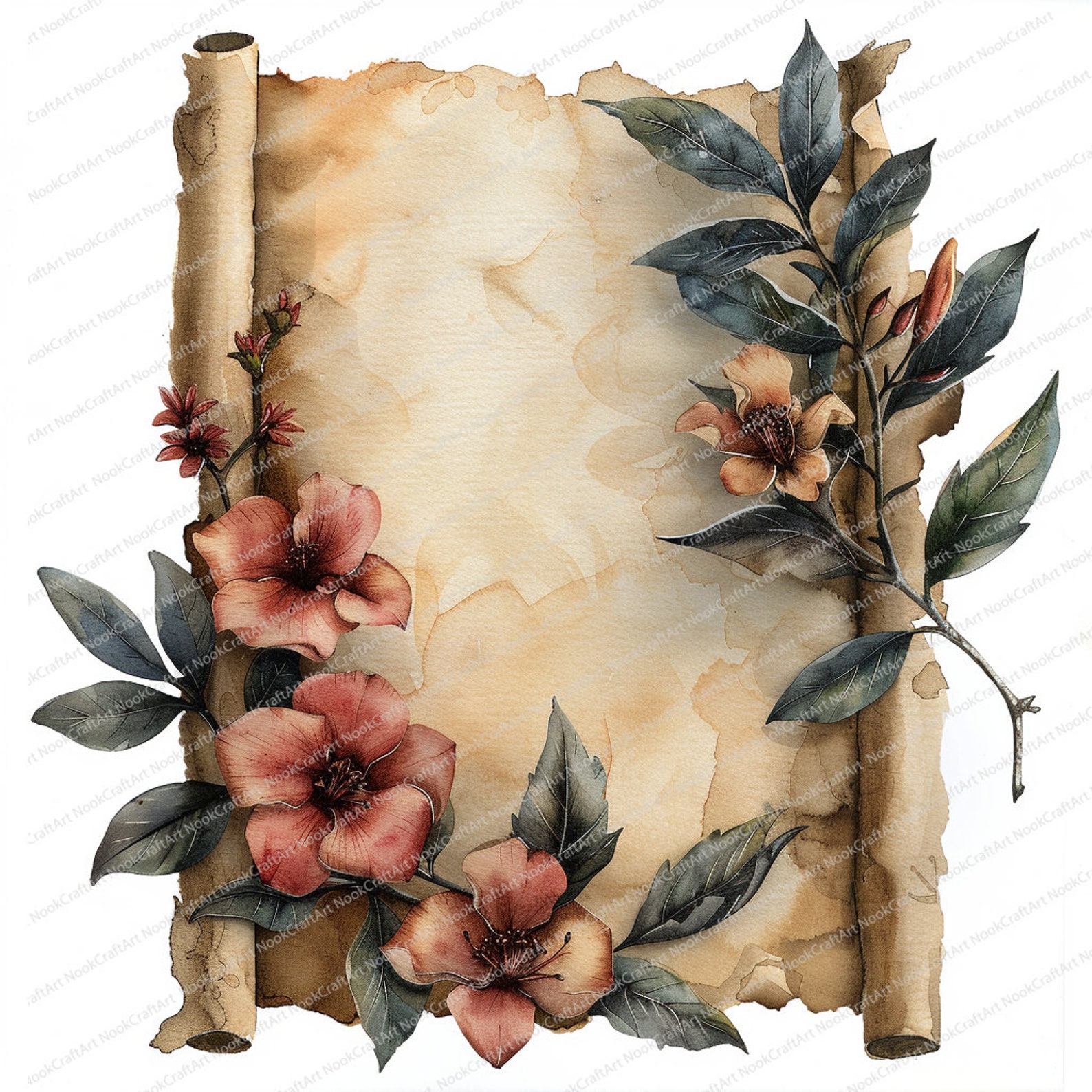 12 Vintage Scroll Clipart Floral Old Paper High Quality Jpgs Printable Watercolor Clipart ...
