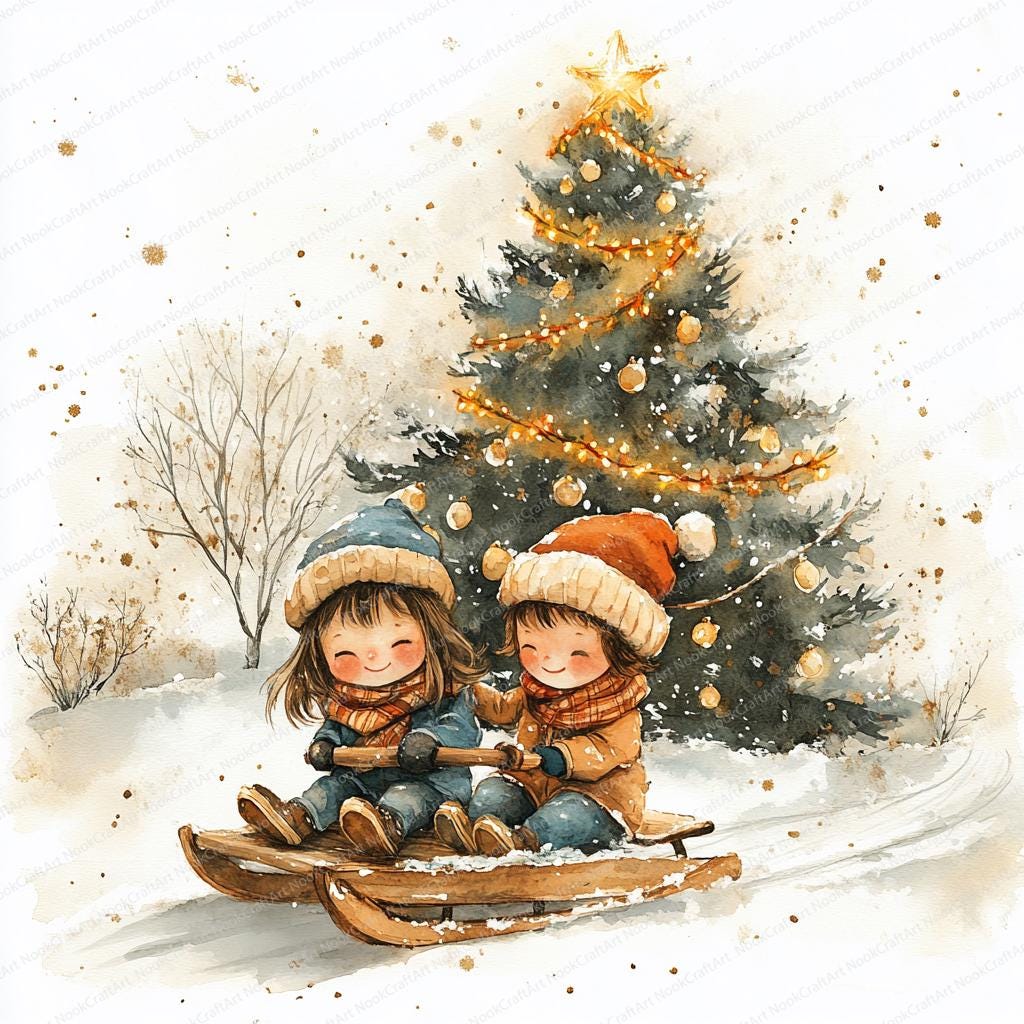 17 Winter Sledding Kids Clipart | Festive Christmas Tree Scene ...