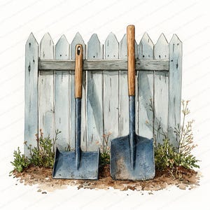 21 Garden Tools Clipart | Rake and Shovel by Fence | Printable ...