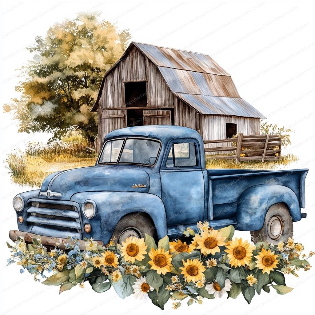 14 Rustic Blue Farm Truck Clipart | Old Farm Truck | Printable ...