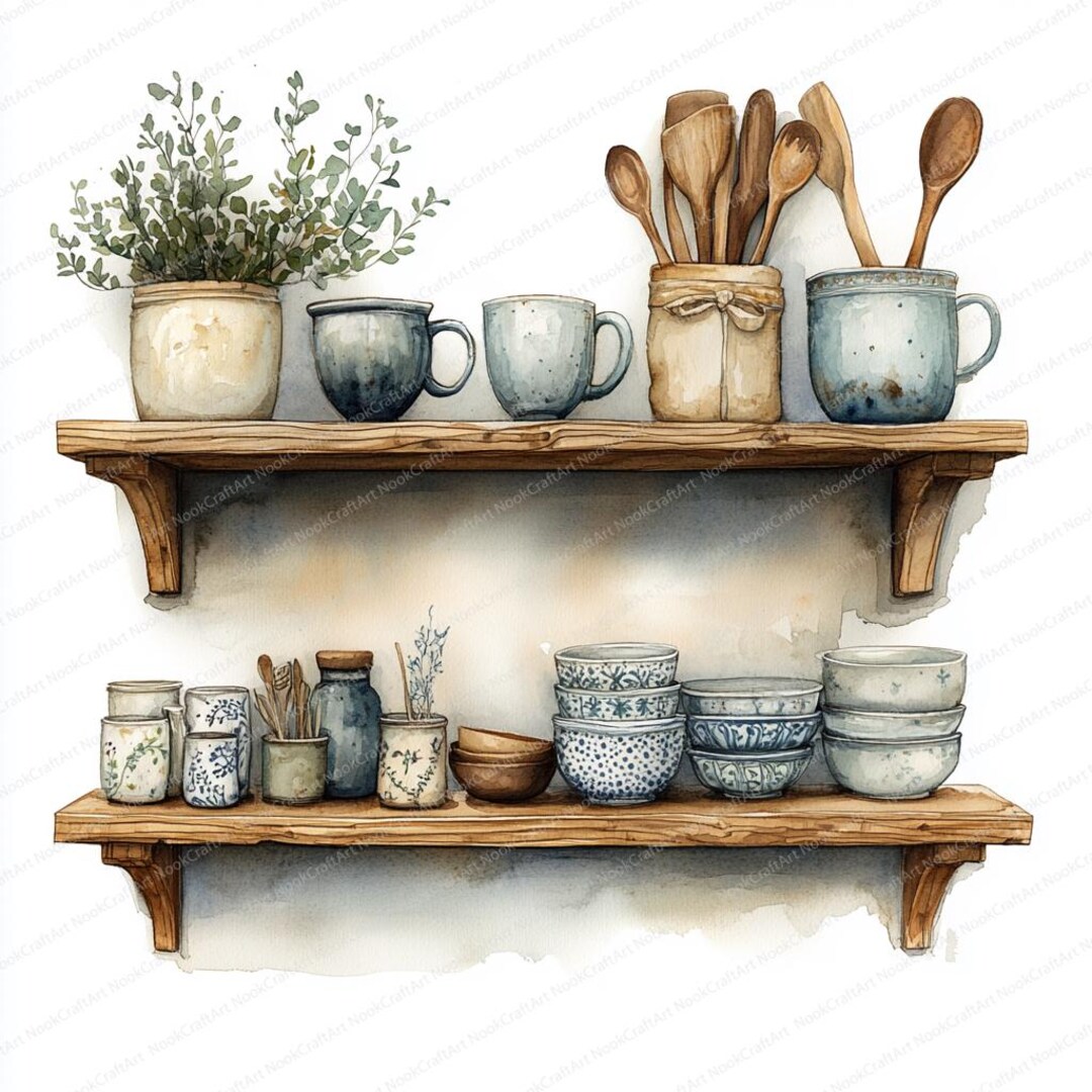 24 Kitchen Shelf Mug Clipart | Cozy Dishware Collection | Printable ...
