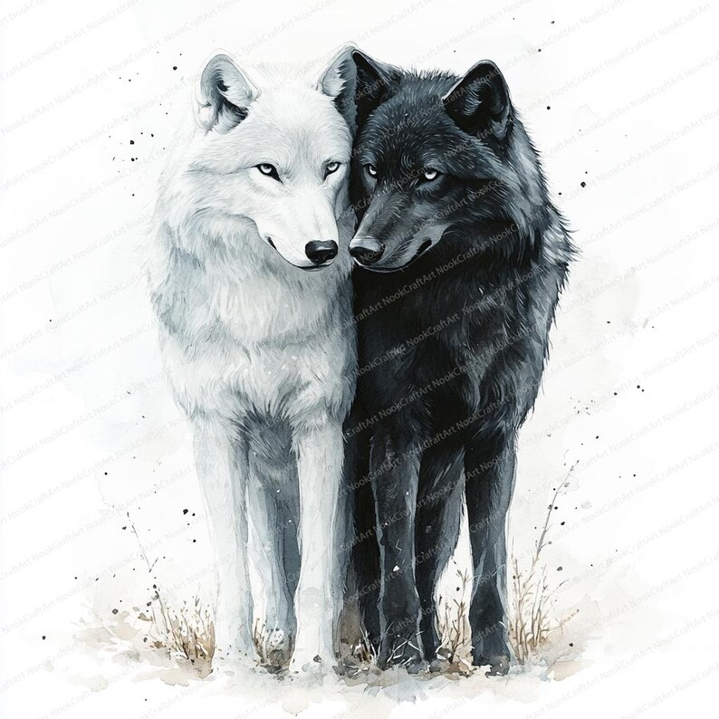 18 Wolf Duo Clipart | Black and White Wolves Art | Printable Watercolor ...