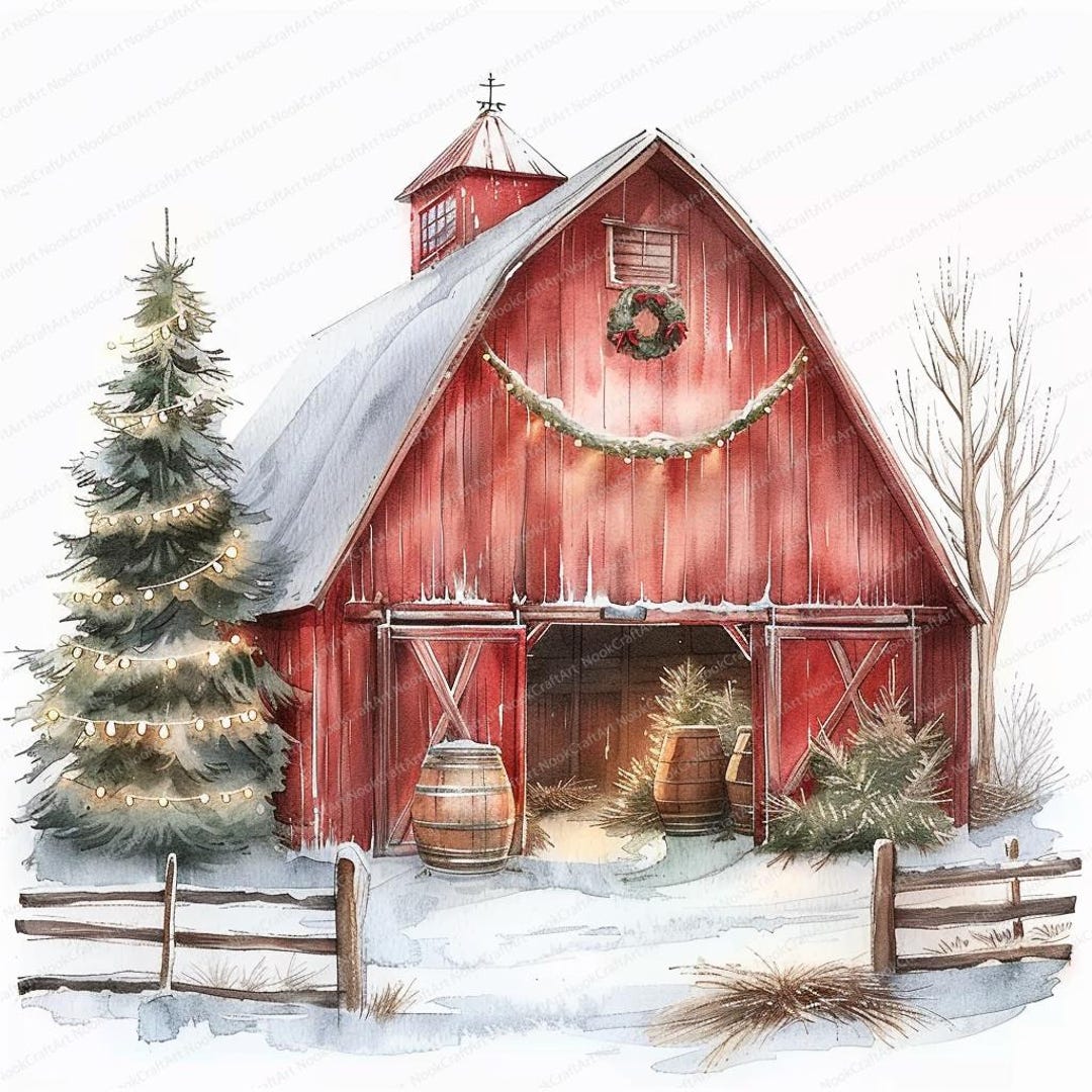 18 Christmas Red Barn Clipart | Festive Barn and Snowy Landscape ...