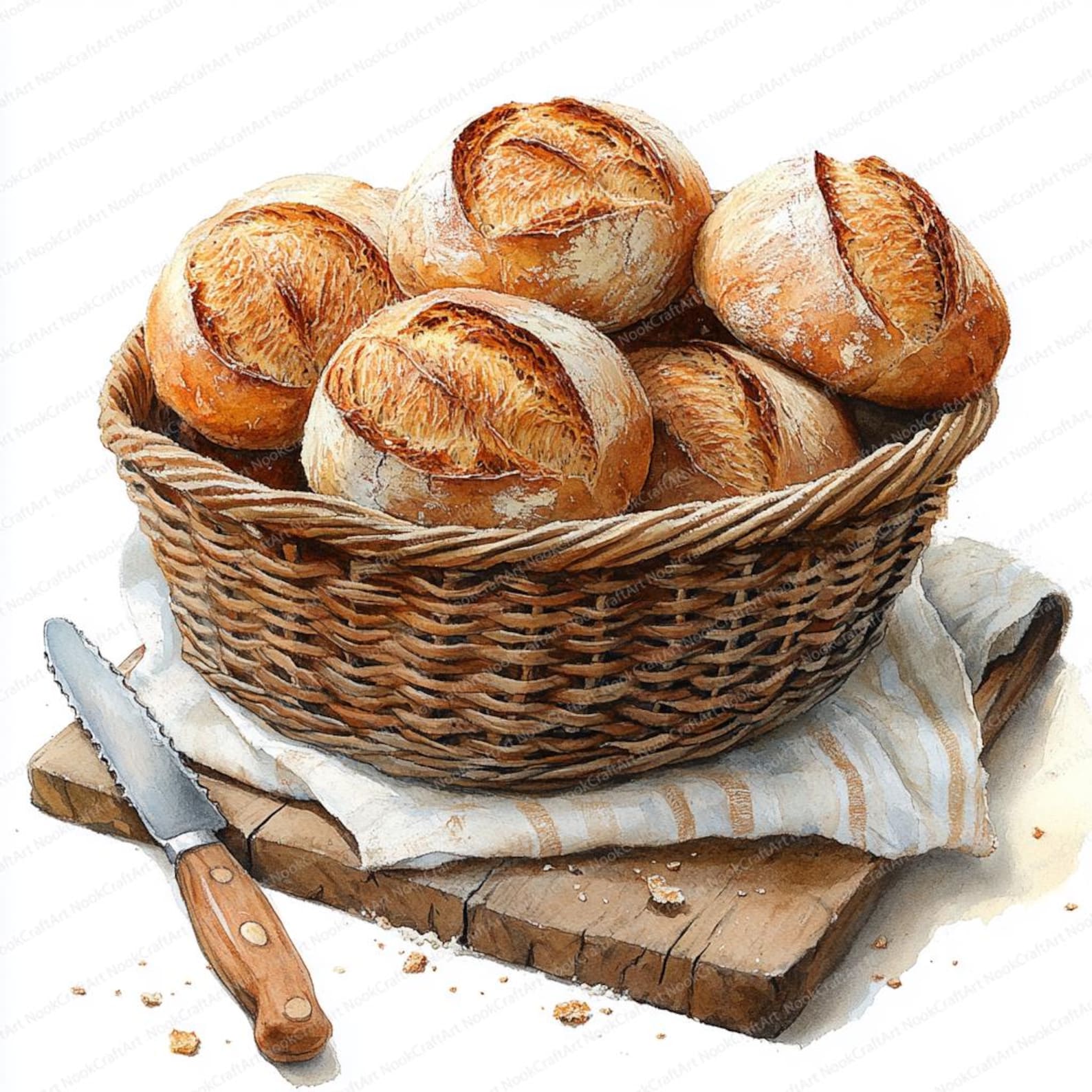 24 Baguette Basket Clipart | Rustic Linen Bread Illustration ...