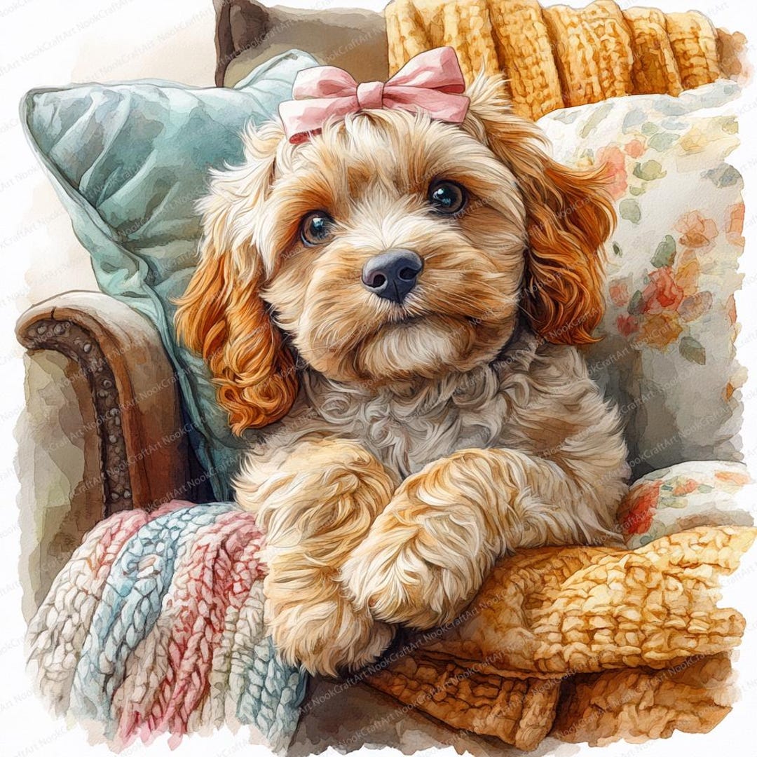 Cavapoo With Pink Bow Clipart: Watercolor Dog Illustration (JPG Files ...