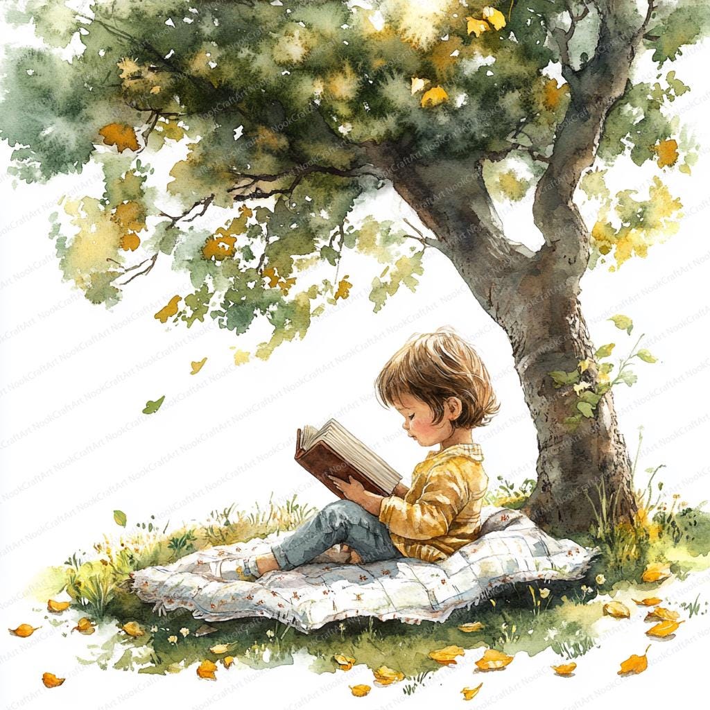 20 Child Reading Book Clipart | Cozy Outdoor Illustration | Printable ...