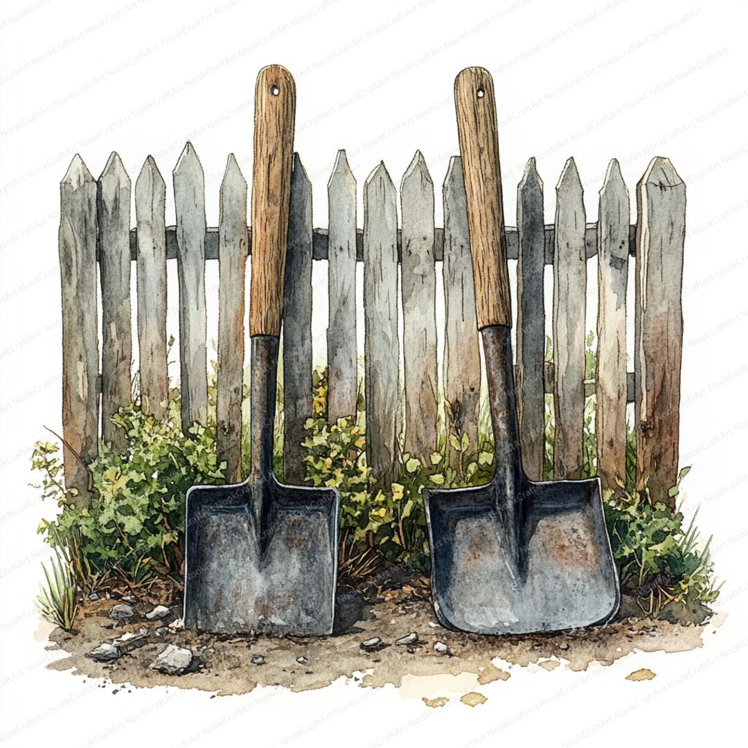 21 Garden Tools Clipart | Rake and Shovel by Fence | Printable ...